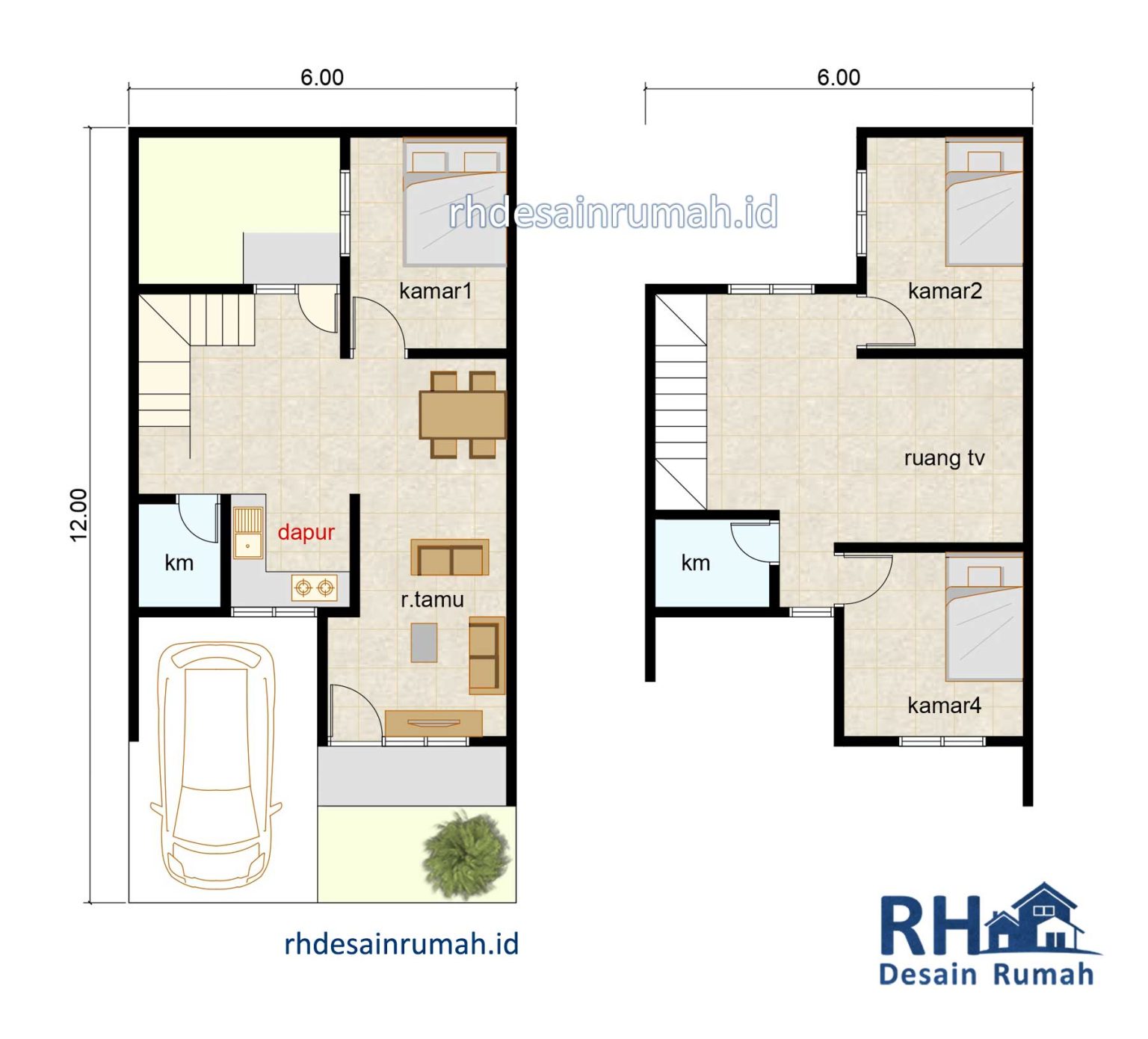 Denah Rumah 6x12 Dapur Depan - RH Desain Rumah